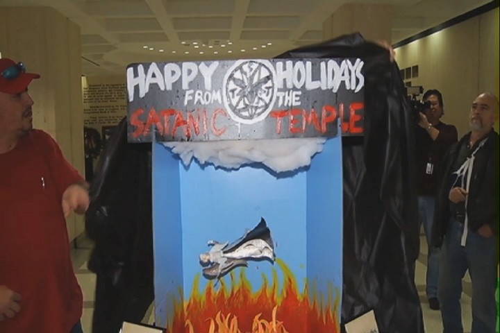 Satanic Temple display destroyed for mocking Nativity scene | Christian ...